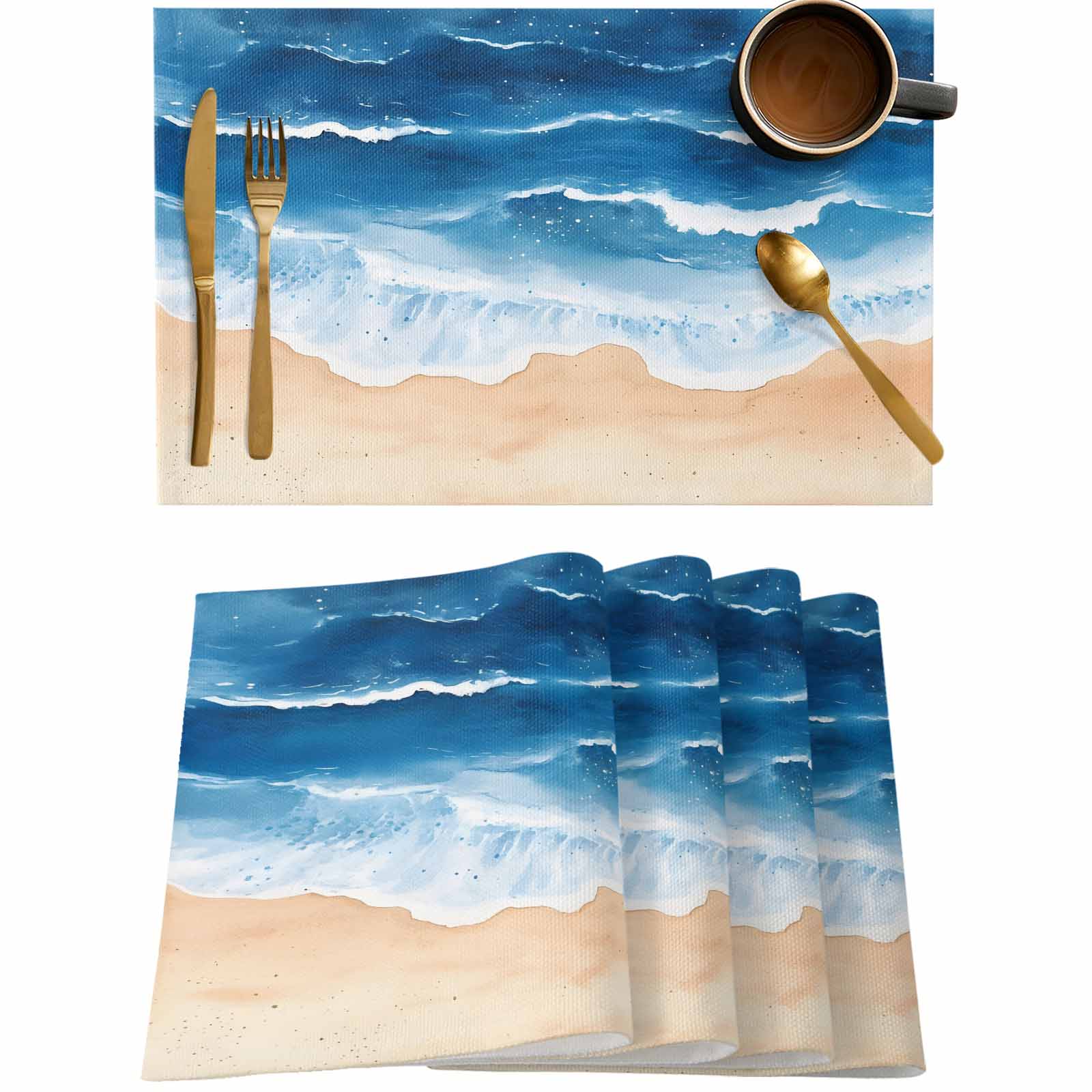 Blue Gradient Wave Beach Placemats Set of 4,Wipeable Washable Table ...