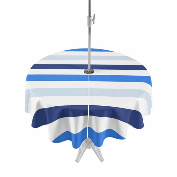 Blue Gradient White Striped Round Outdoor Tablecloth with Umbrella Hole ...