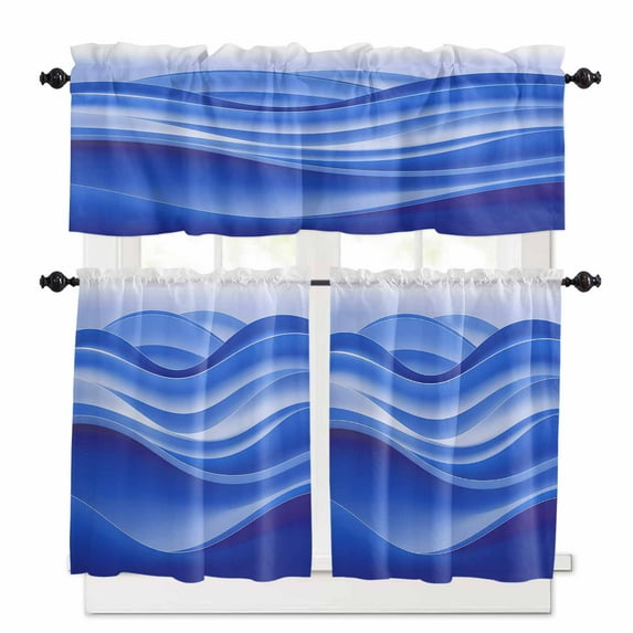 Blue Gradient Window Curtains Valance Set of 3 Fluid Wave Art Abstract ...