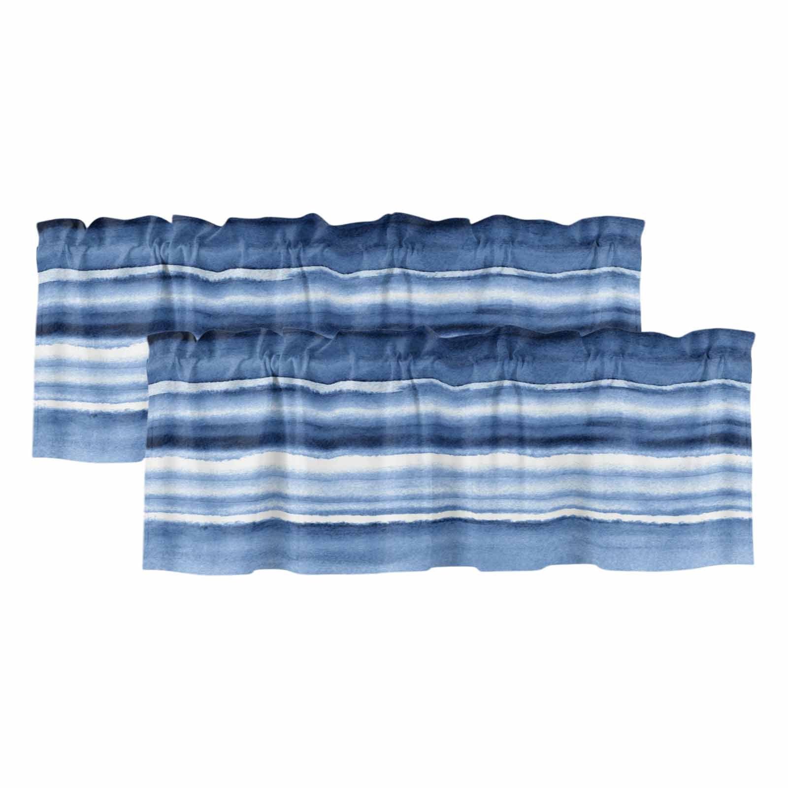 Blue Gradients 2 Panels Kitchen Valance, Abstract Wave Stripe White ...