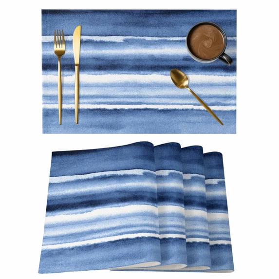 Blue Gradients Cotton Linen Placemats Set of 12, Abstract Wave Stripe ...