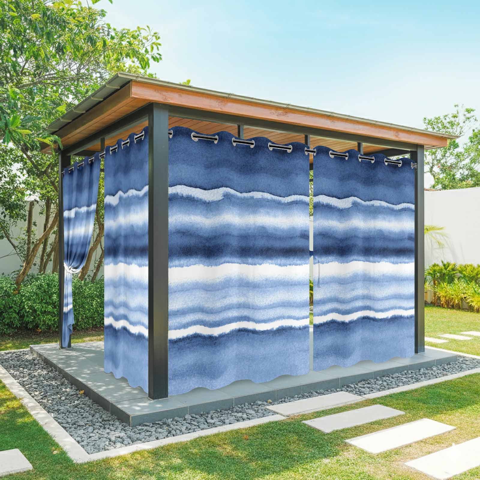 Blue Gradients Outdoor Curtains for Patio, Abstract Wave Stripe White ...