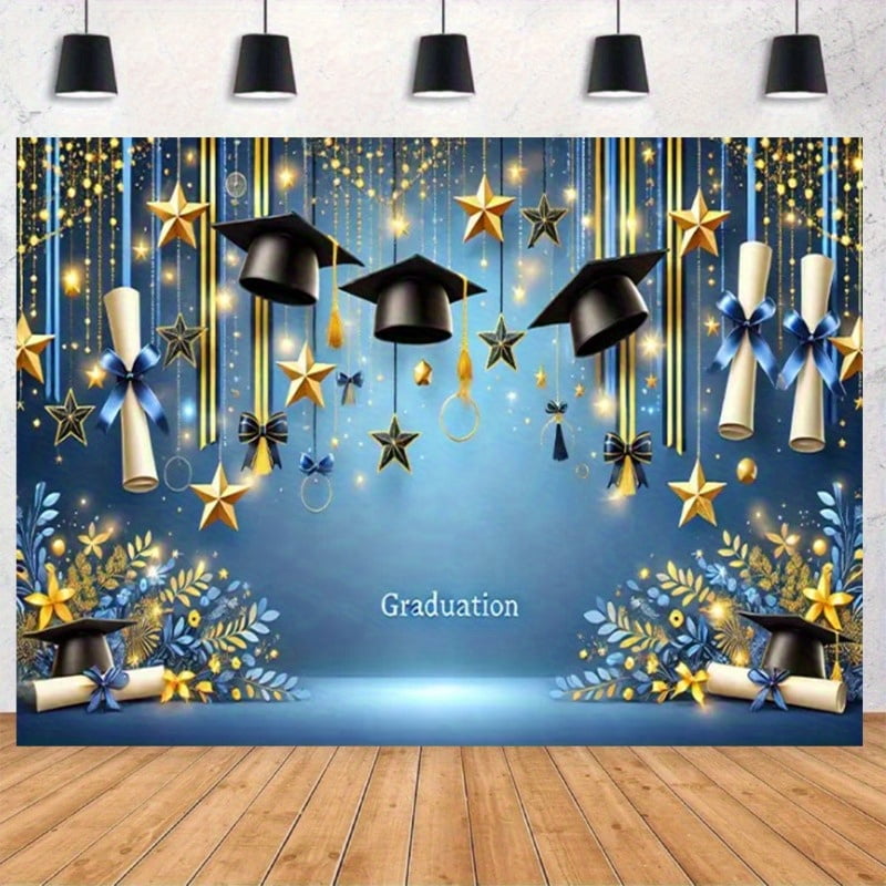 Blue Graduation Backdrop Banner Golden Stars and Mortarboard Graduation ...