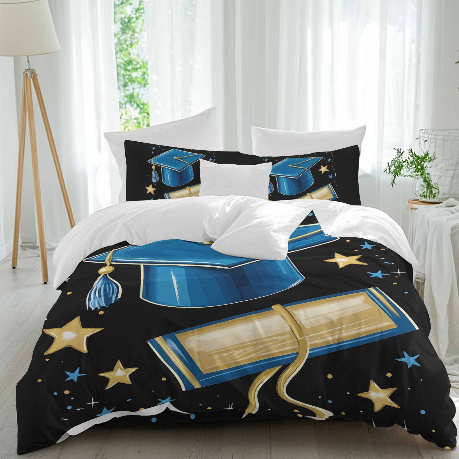 Blue Graduation Cap Bedding Duvet Cover Set Queen Size 4 Pieces ...