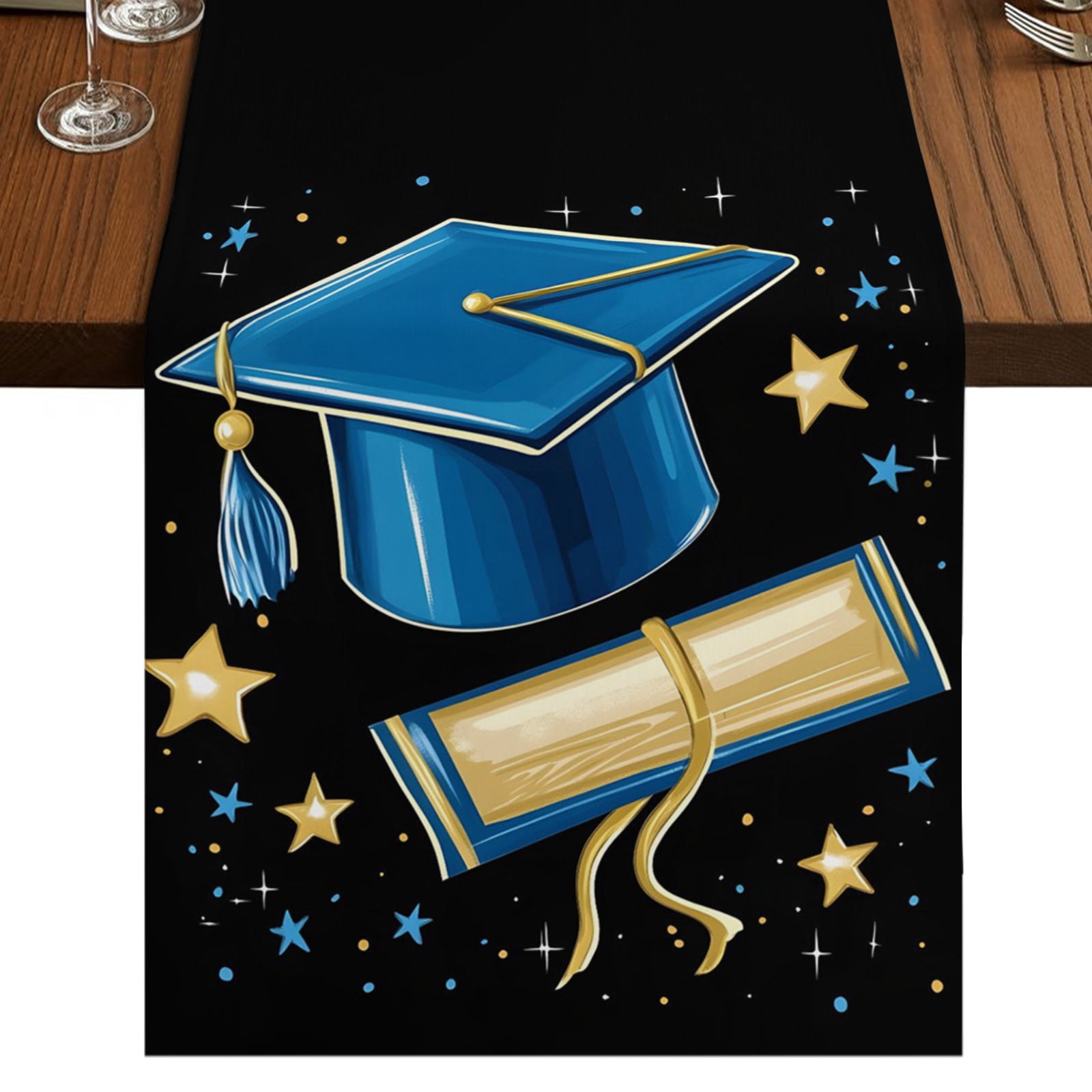 Blue Graduation Cap Burlap Cotton Table Runner 13x70 Inches Long ...
