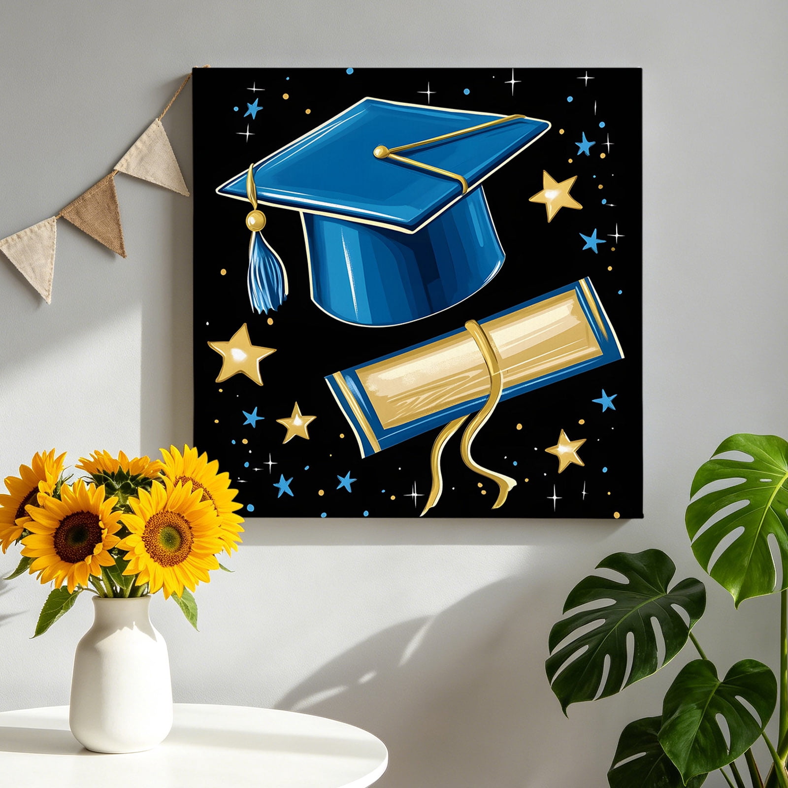 Blue Graduation Cap Canvas Wall Art for Living Room, Diploma Yellow ...