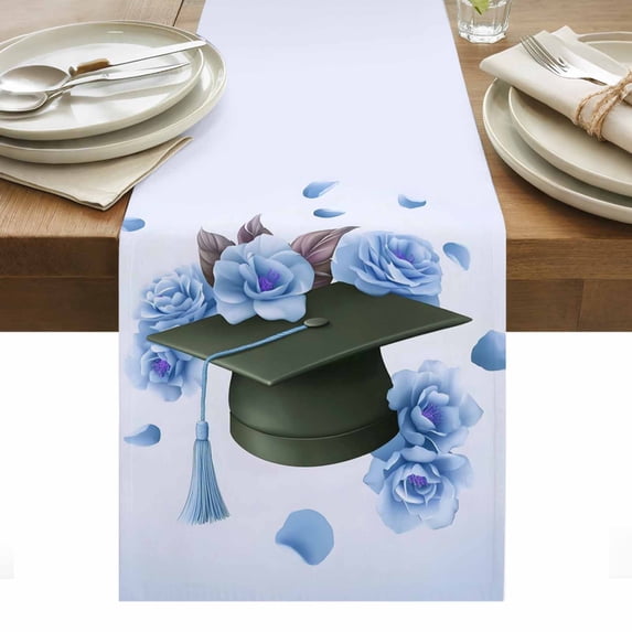 Blue Graduation Cap Cotton Linen Table Runner Rose Flower Gradient ...