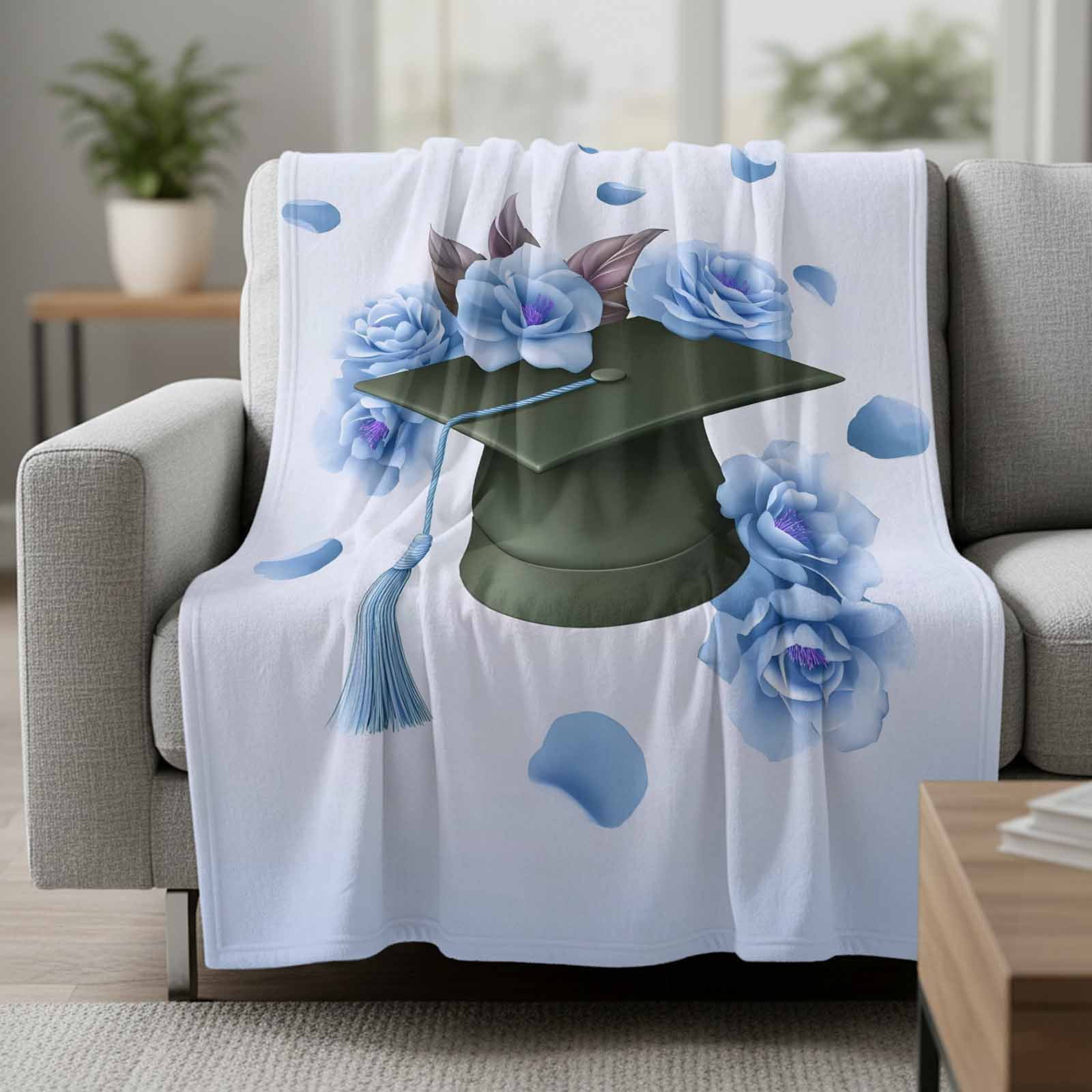 Blue Graduation Cap Fleece Throw Blanket Rose Flower Gradient Abstract ...