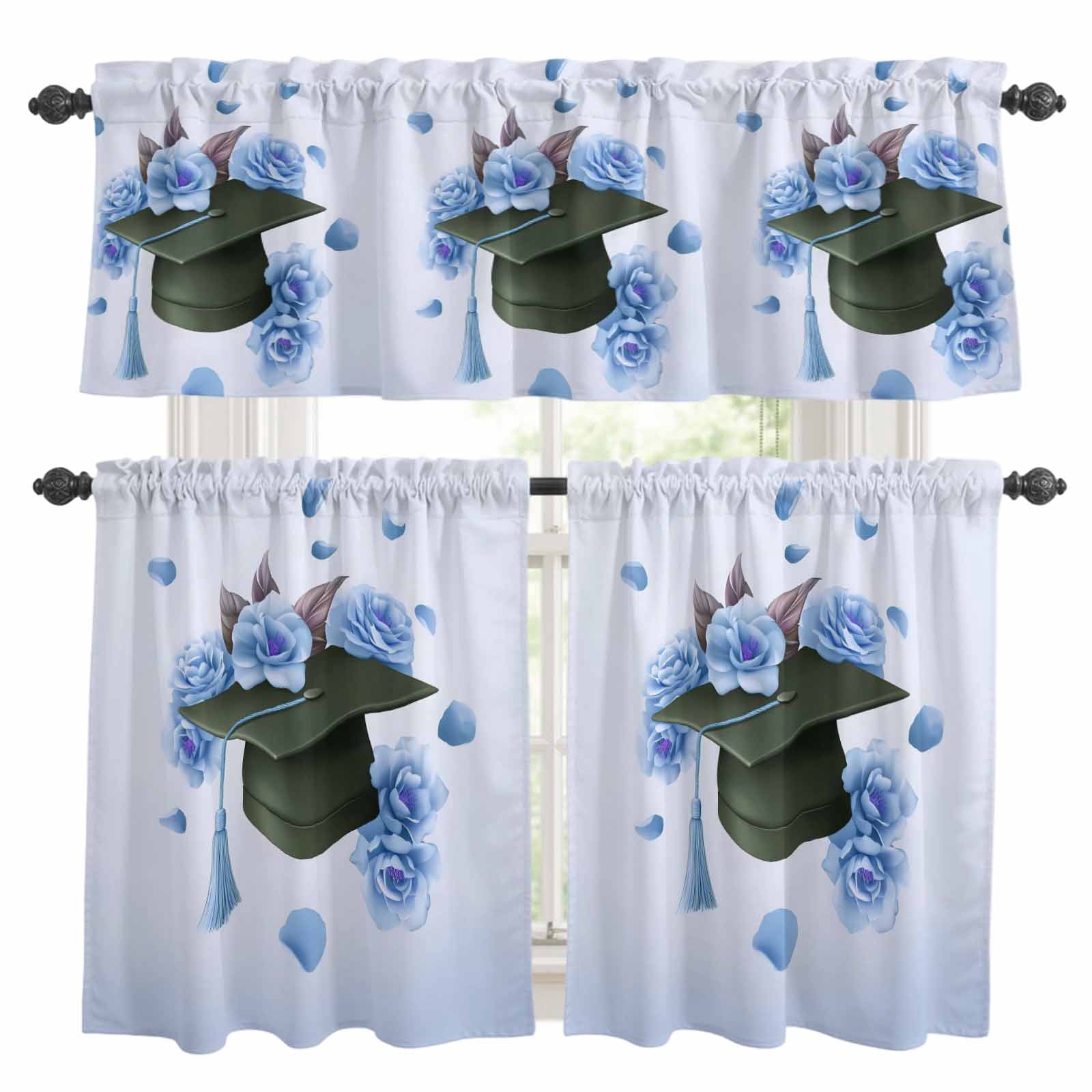 Blue Graduation Cap Kitchen Curtains Set for Windows, Rose Flower ...