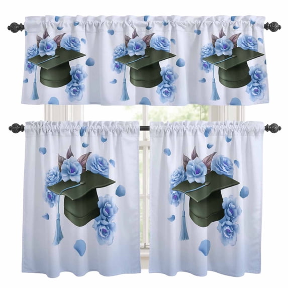 Blue Graduation Cap Kitchen Curtains Set for Windows, Rose Flower ...