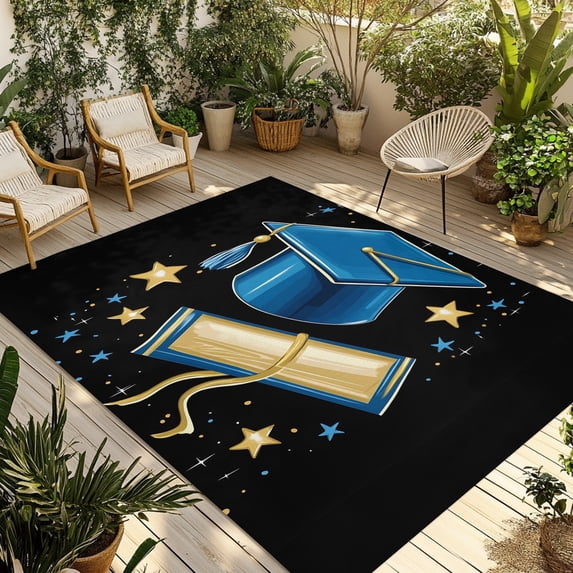 Blue Graduation Cap Outdoor Rug, Diploma Yellow Sparkling Stars ...