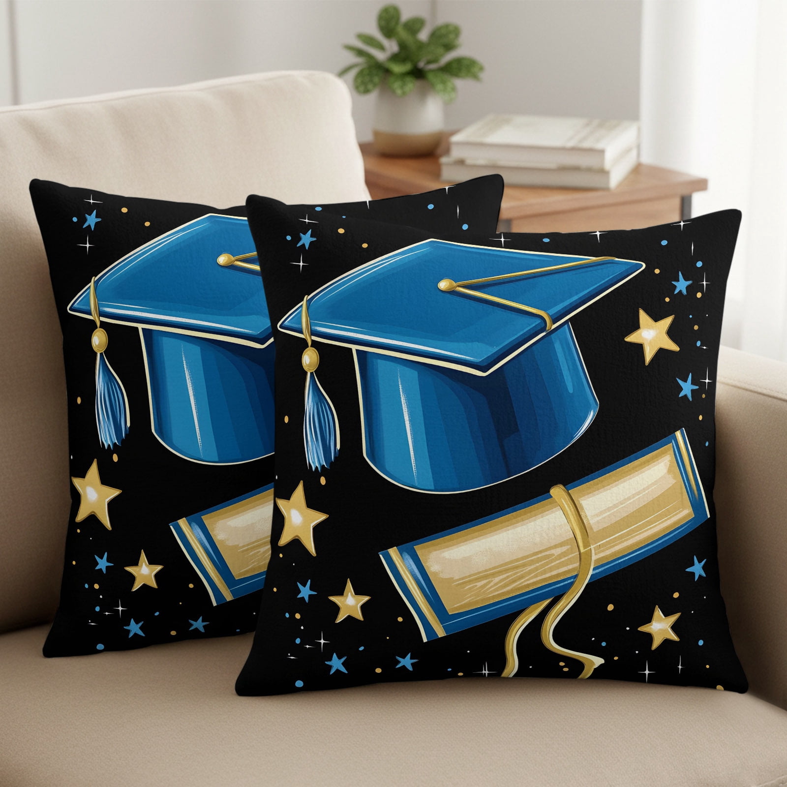 Blue Graduation Cap Pillow Covers Set of 2, Diploma Yellow Sparkling ...