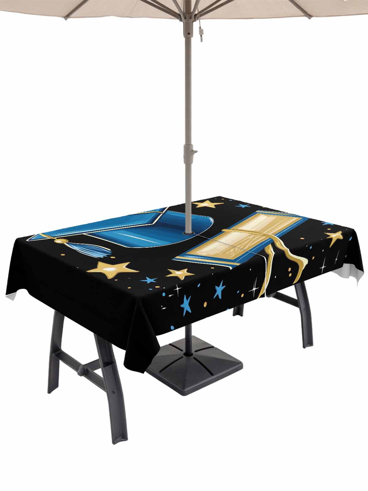 Blue Graduation Cap Rectangle Outdoor Tablecloth with Umbrella Hole ...