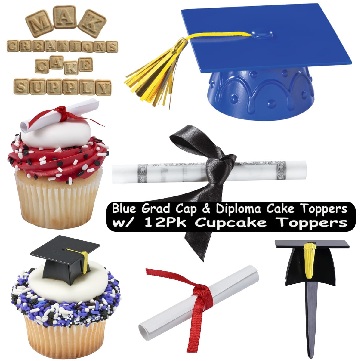 Blue Graduation Cap & Rolled Diploma Cake Topper Set w/ 12pk of Grad ...