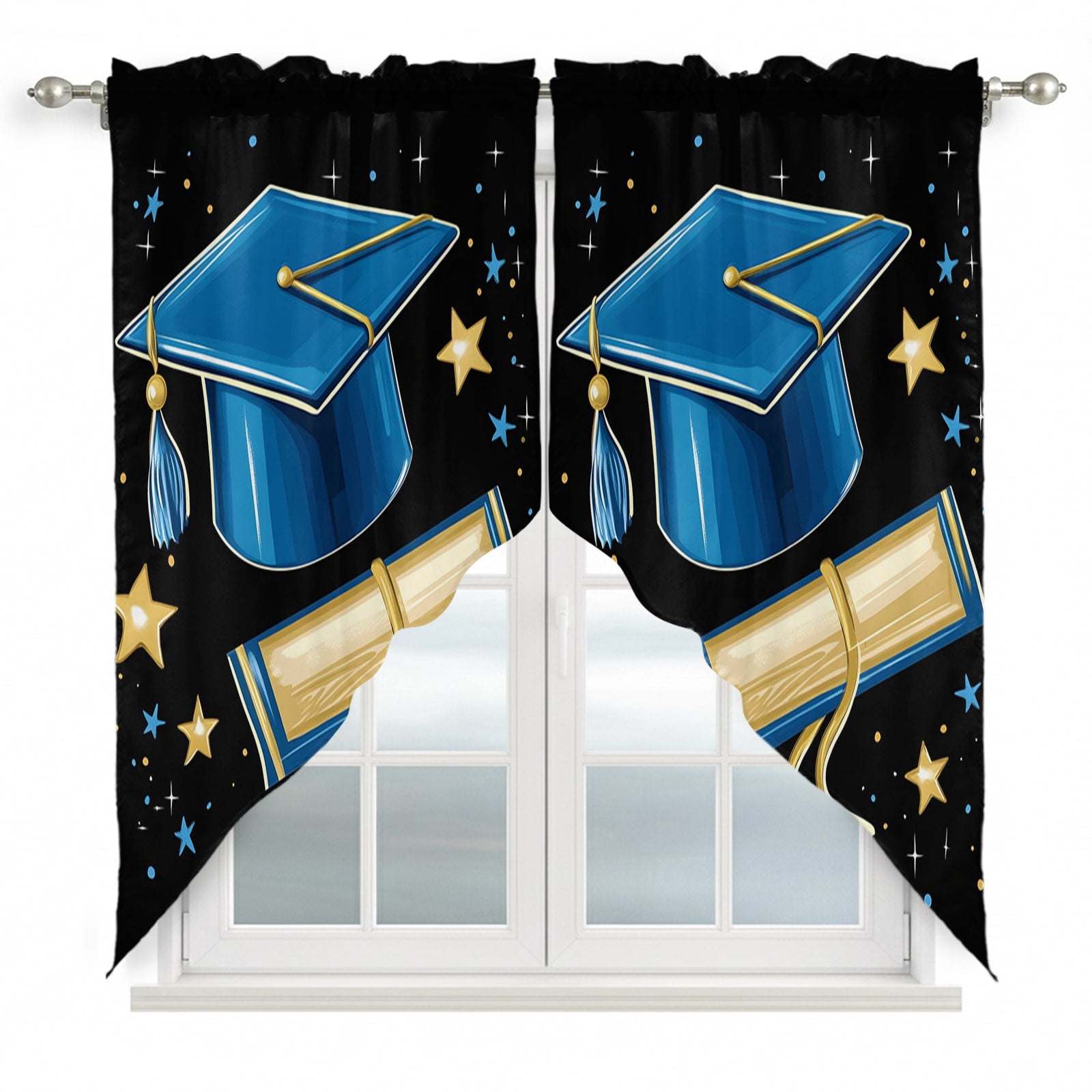 Blue Graduation Cap Swag Curtain Valance for Window 2 Panels Diploma ...