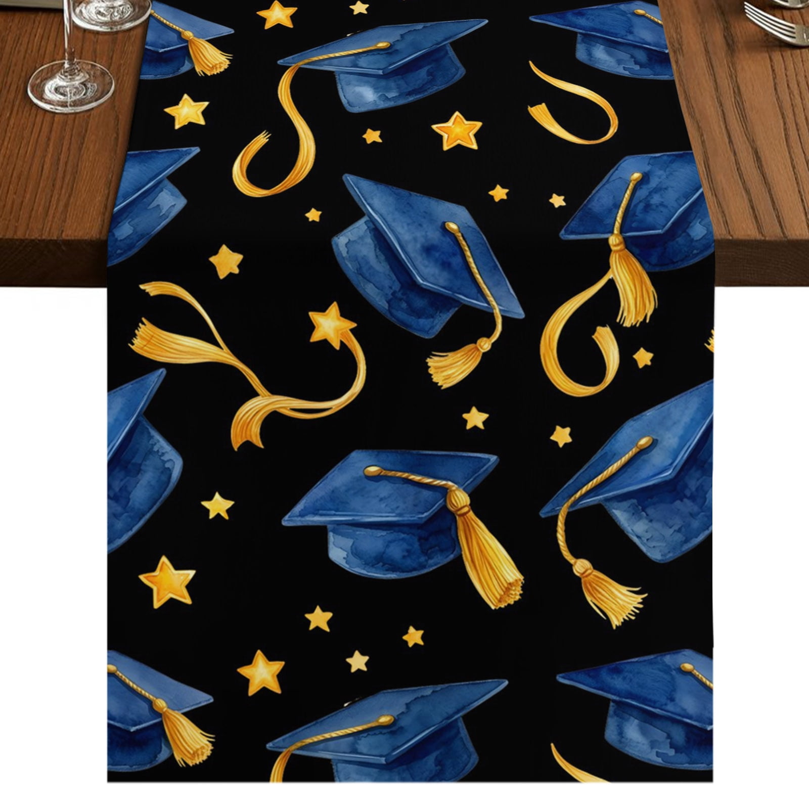 Blue Graduation Cap Tassels Burlap Cotton Table Runner 13x72 Inches ...