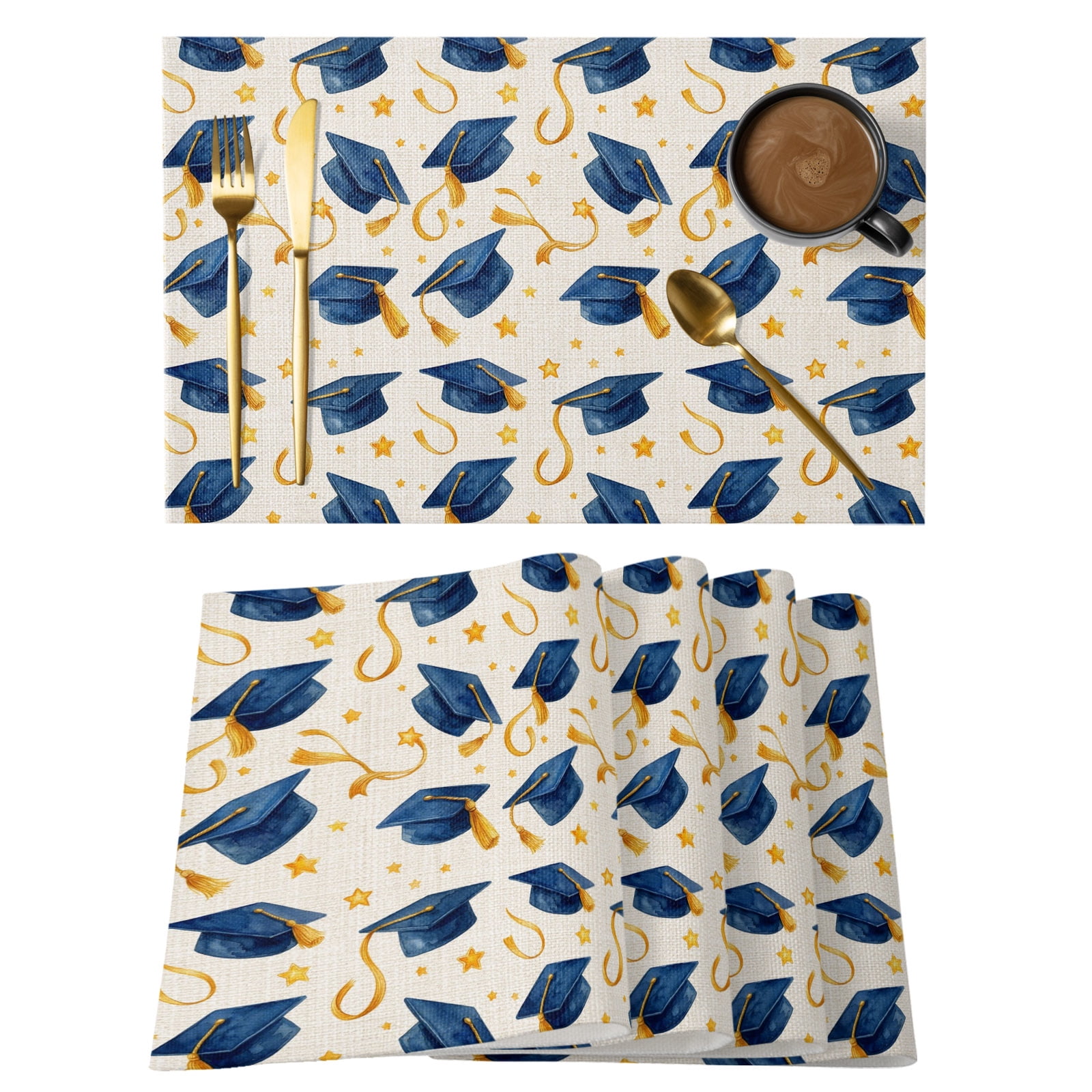 Blue Graduation Cap Tassels Placemats Set of 2 Modern Star Graduation ...