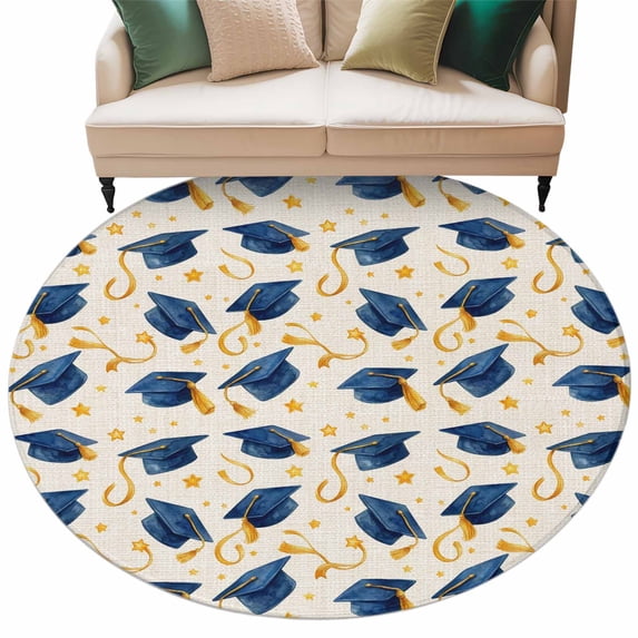 Blue Graduation Cap Tassels Round Rug 6ft Washable Circle Kitchen Rugs ...