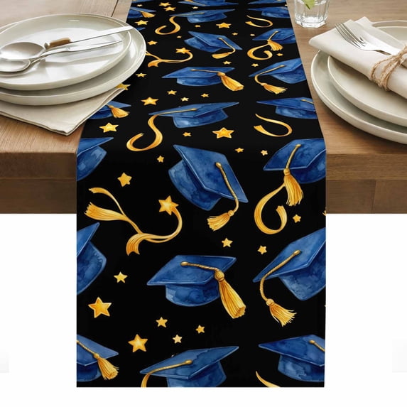 Blue Graduation Cap Tassels Table Runner Modern Star Graduation Black ...
