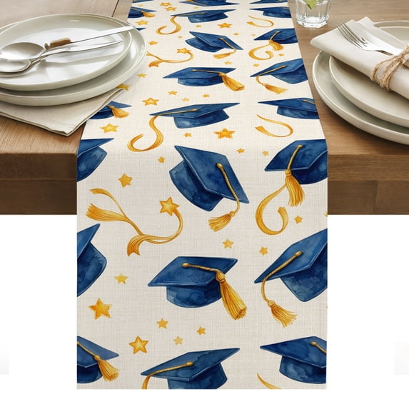 Blue Graduation Cap Tassels Table Runner Modern Star Graduation Burlap ...
