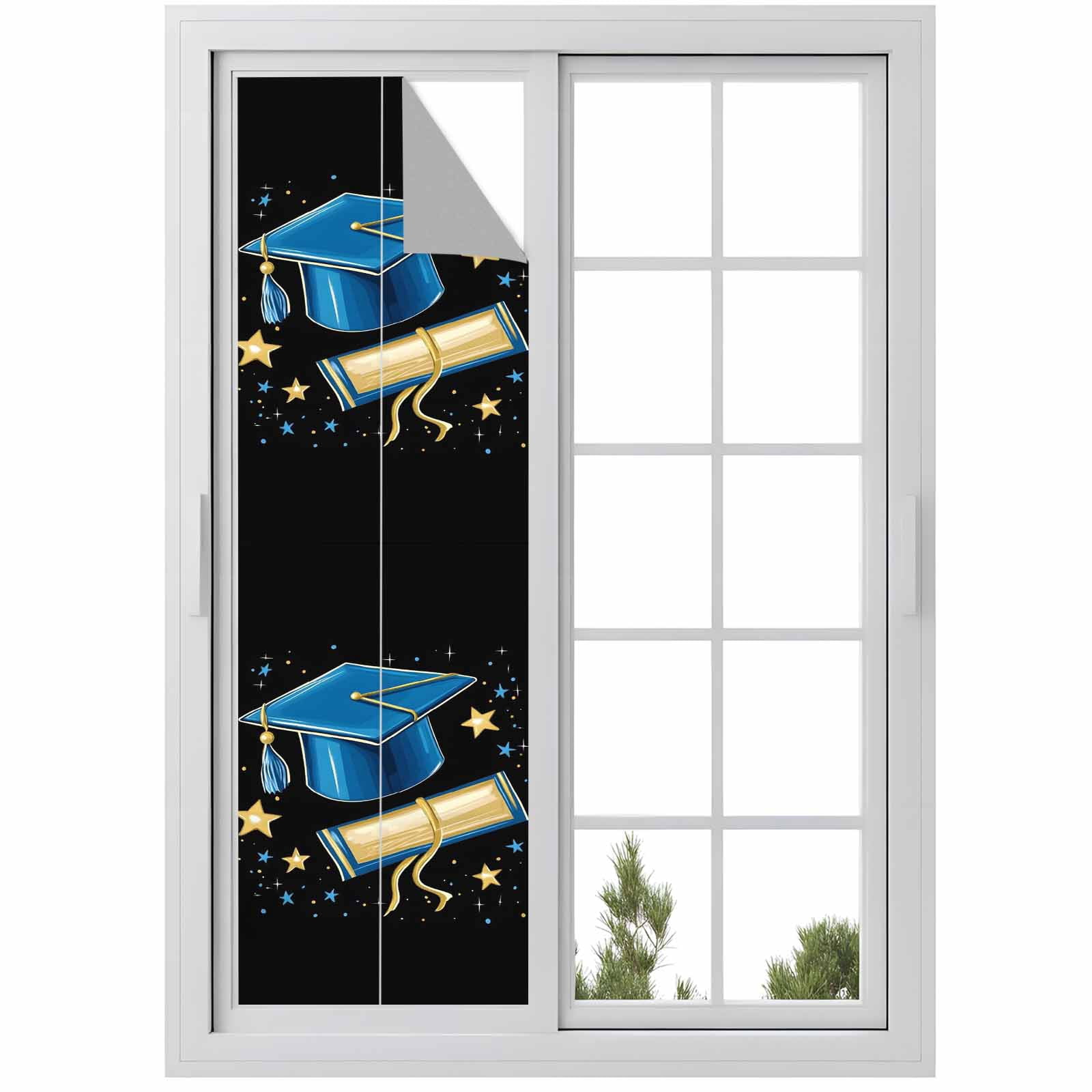 Blue Graduation Cap Window Privacy Film Diploma Yellow Sparkling Stars ...