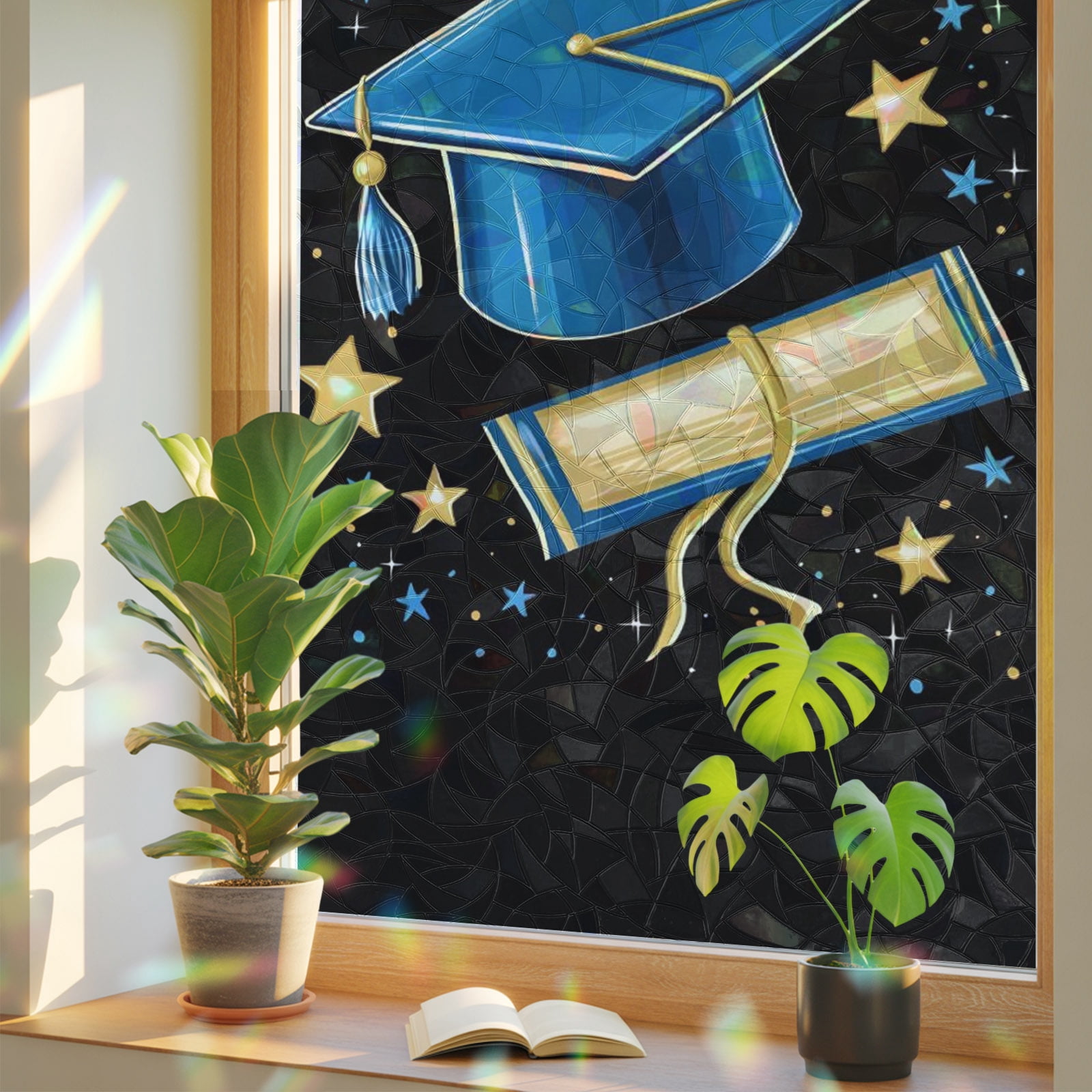 Blue Graduation Cap Window Privacy Film, Diploma Yellow Sparkling Stars ...