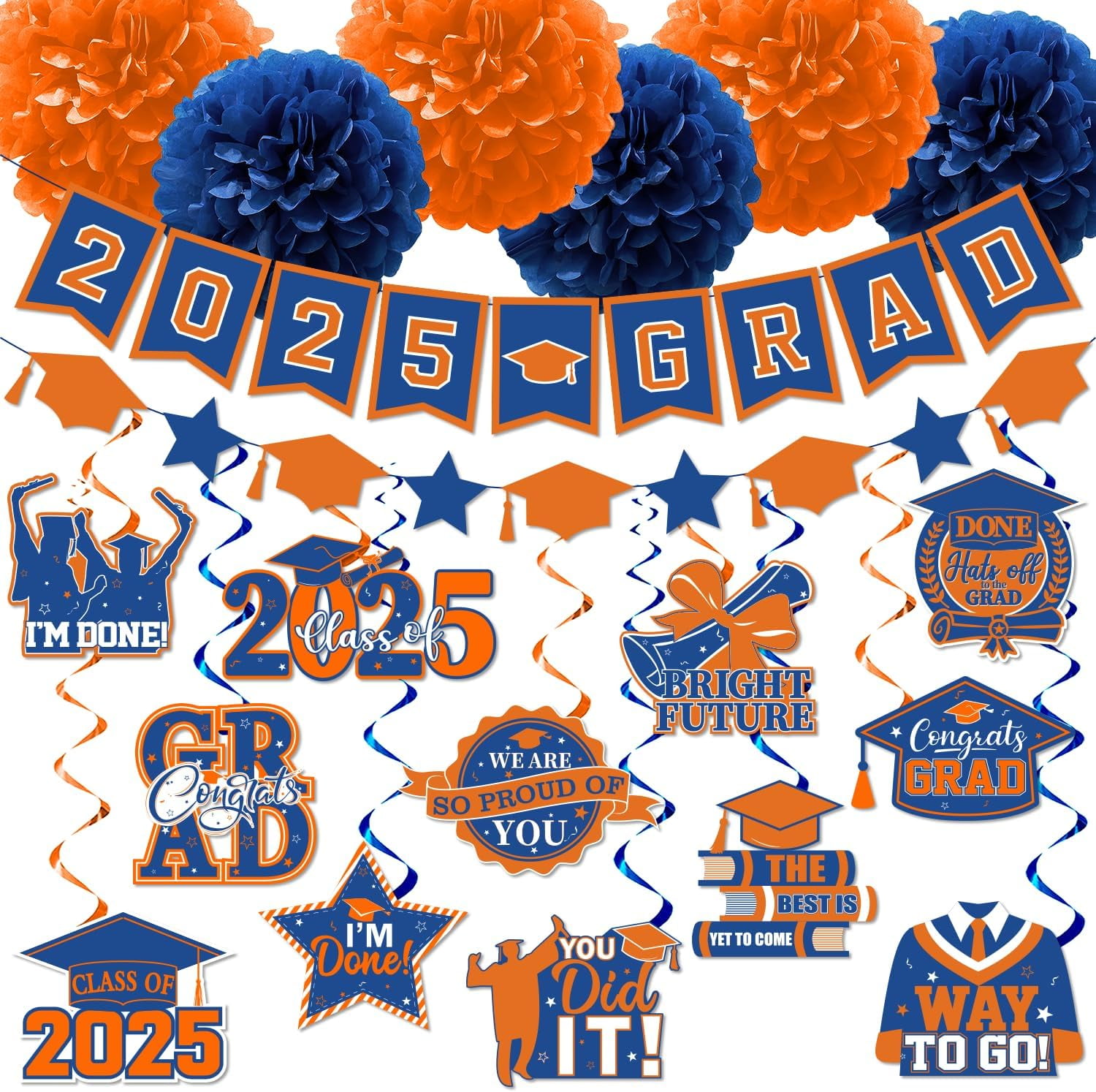 Blue Graduation Decorations, 2025 Grad Banner and Congrats Grad Hanging ...