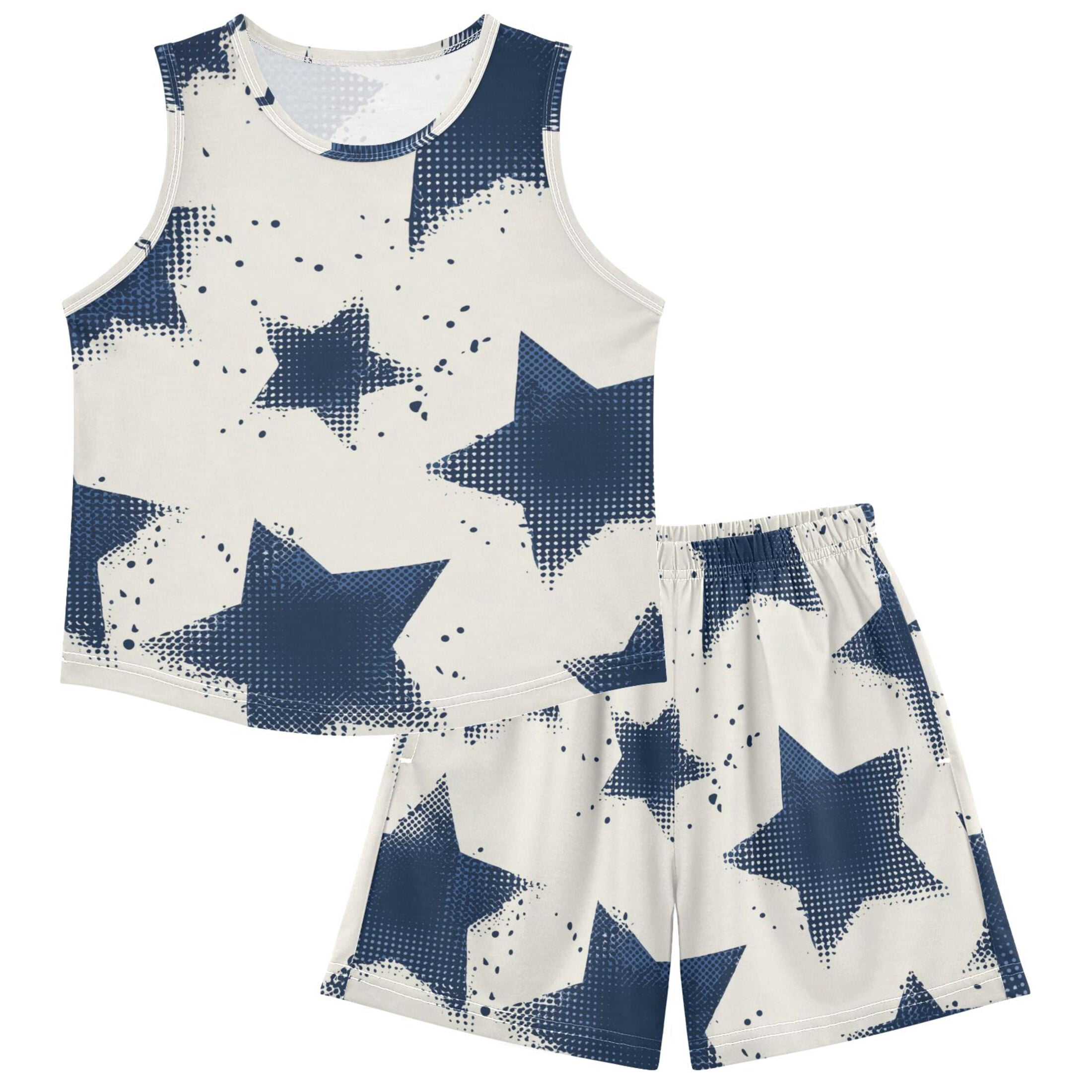 Blue Graffiti Stars Beige Background Pajamas Set Sleeveless Sleepwear ...