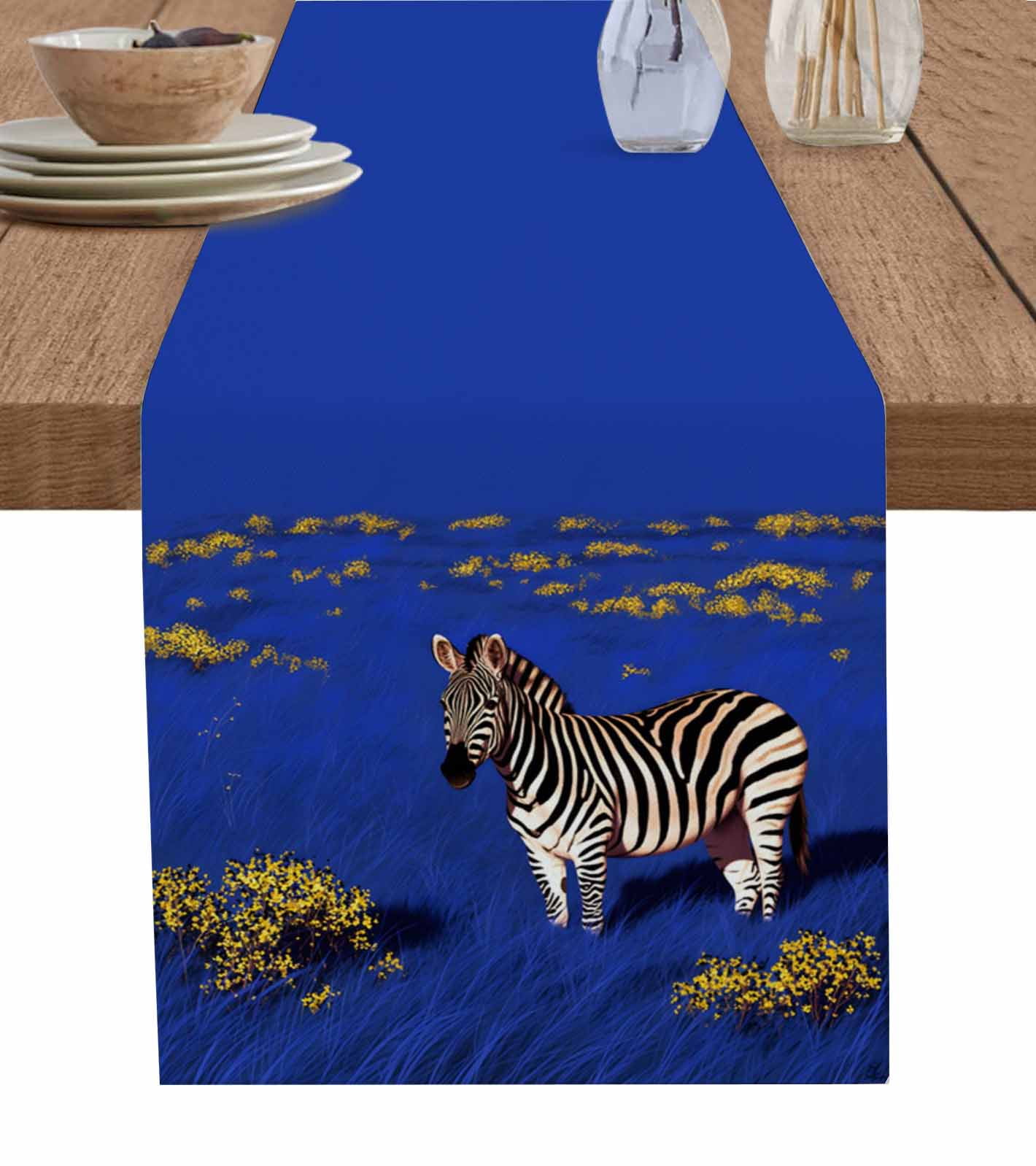 Blue Grassland Abstract Table Runner 48 Inches, Zebra Wildflowers ...