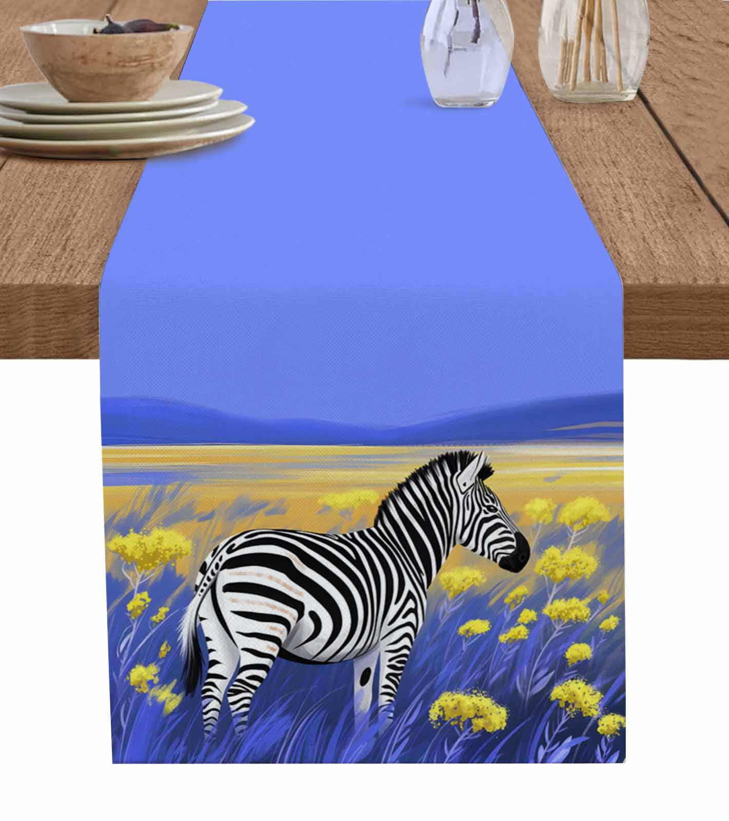 Blue Grassland Table Runner 36 Inches, Natural Zebra Yellow Woldflowers ...