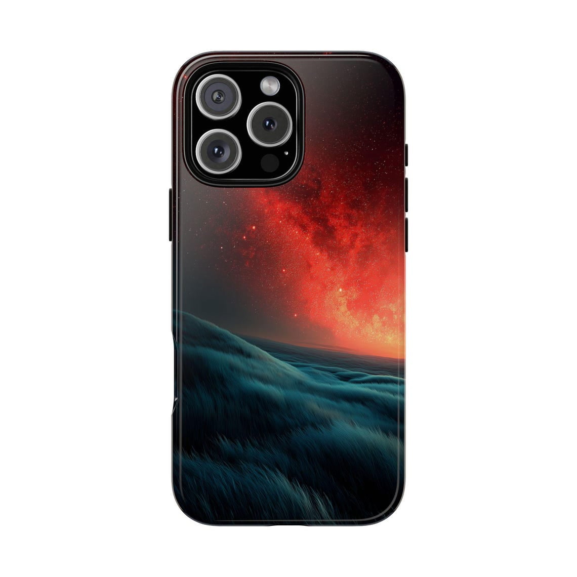 Blue Grassy Field Red Cosmic Nebula Windy Sky Art Phone Case for iPhone ...