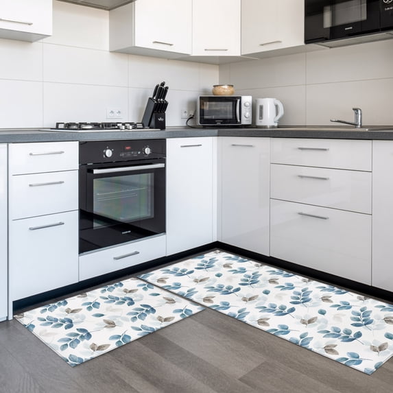 Blue Gray 2 Pieces Non-Slip Kitchen Mat Set, Eucalyptus Leaves White ...