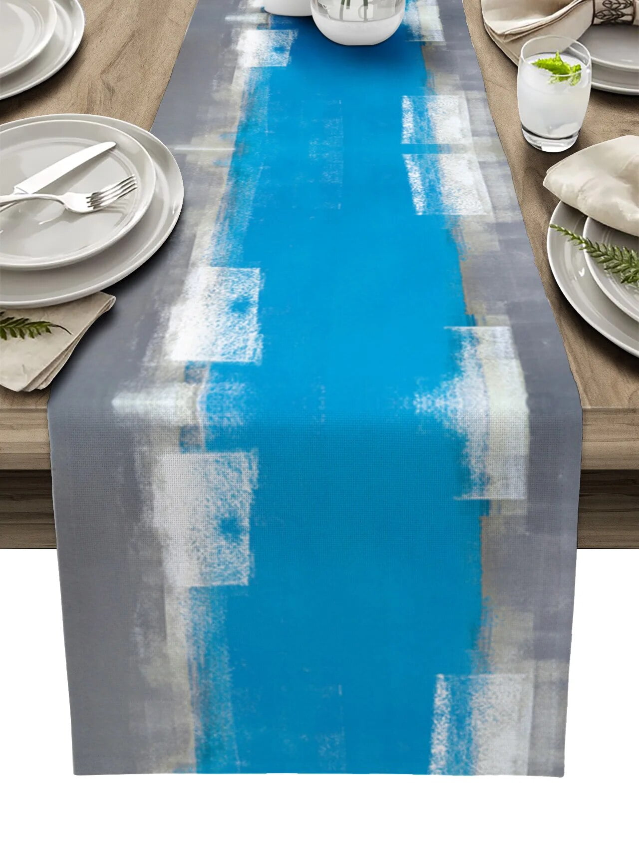 Blue Gray Abstract Art Oil Painting Texture Linen Table Runner Kitchen ...