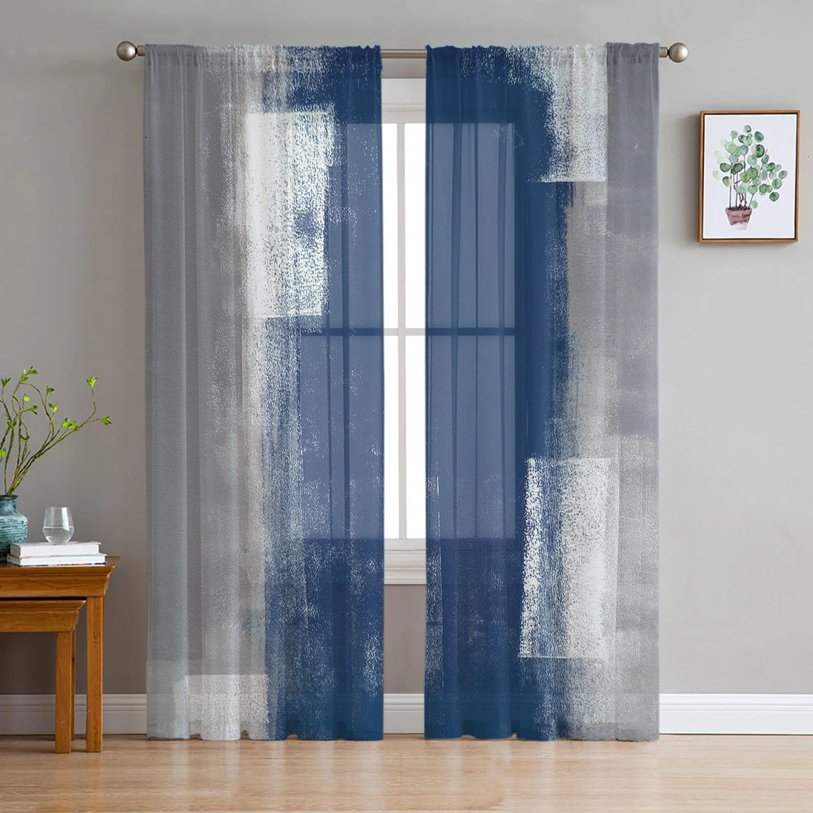 Blue Gray Abstract Art Texture Voile Sheer Curtains Living Room Window ...