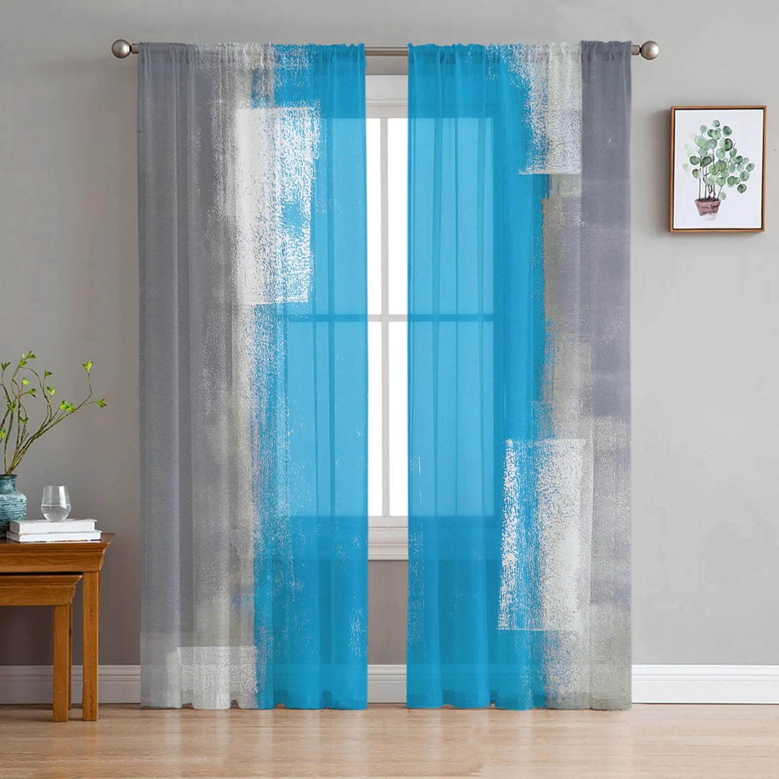 Blue Gray Abstract Art Tulle Voile Curtains For Bedroom Window Curtain ...