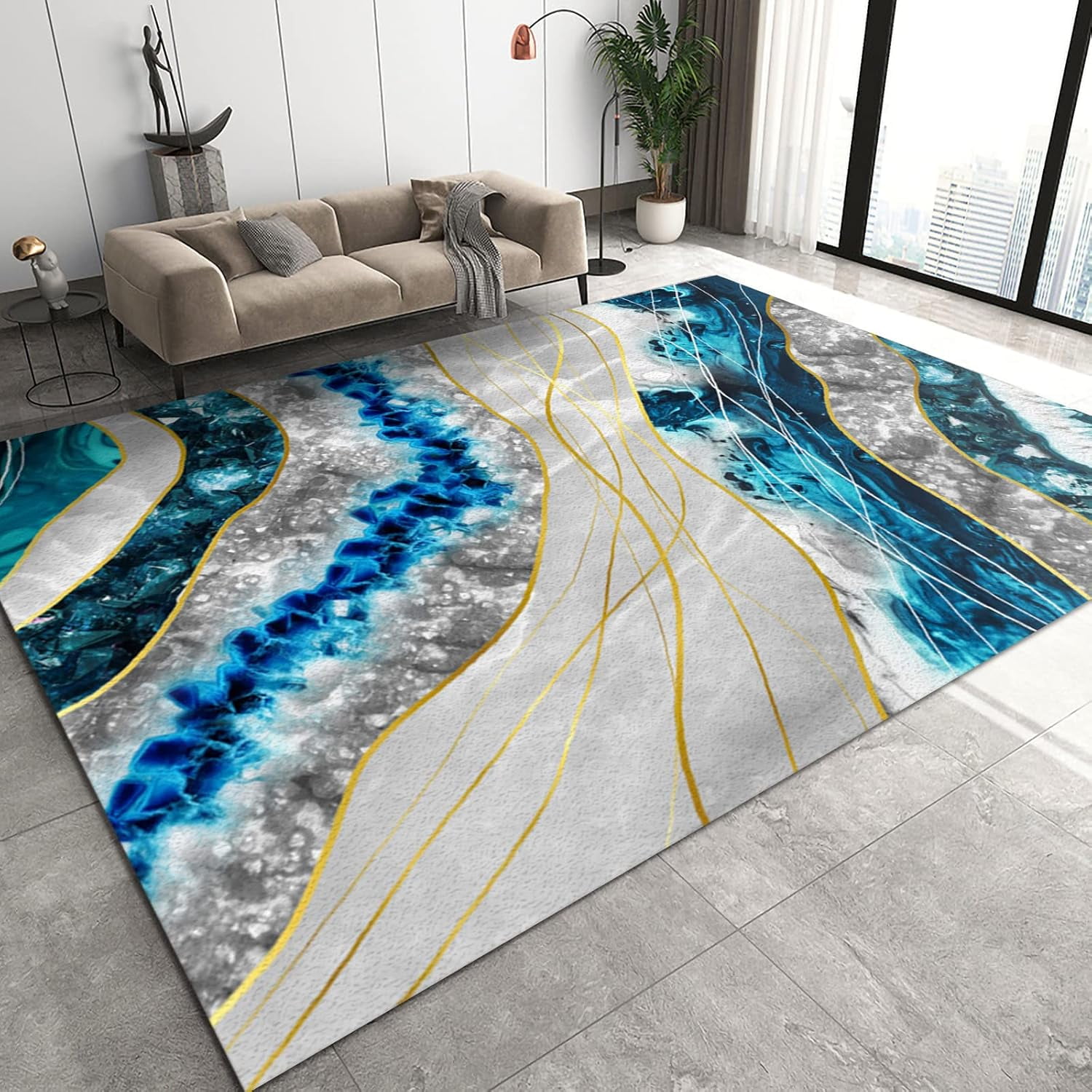 Blue Gray Abstract Marble Area Rug, 3D Curved Lines Kitchen Mat, Sofa ...