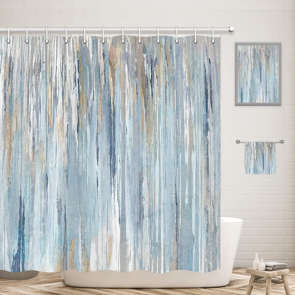 Blue Gray Abstract Shower Curtain Set Ombre Modern Aesthetic Striped Contemporary Minimalist ...