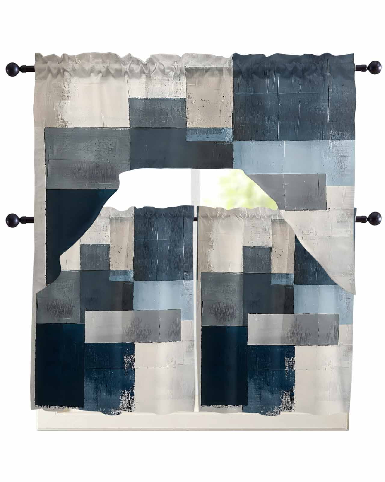 Blue Gray Beige Kitchen Curtains Swag Valance and Tier Curtains Set 36 ...