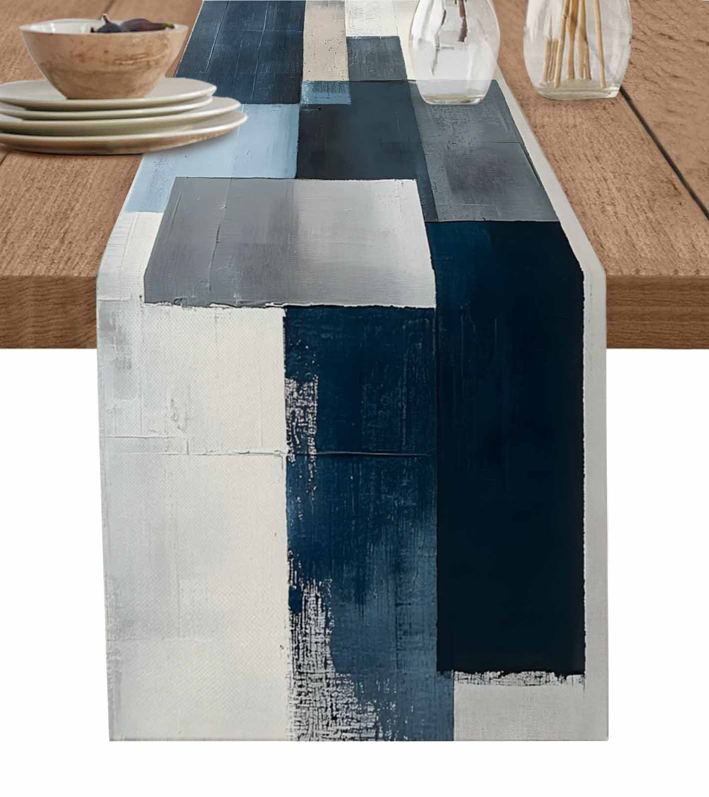 Blue Gray Beige Table Runner 72 Inches, Retro Abstract Geometric Oil ...