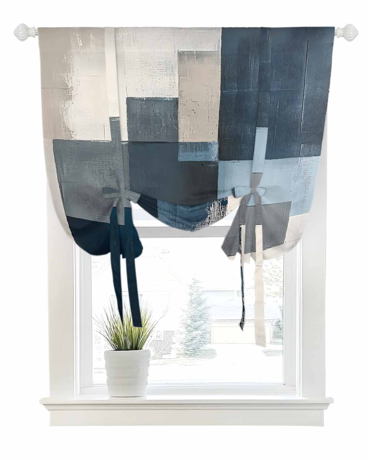 Blue Gray Beige Tie Up Curtains for Window, Thermal Insulated Balloon Shade Adjustable Rod ...