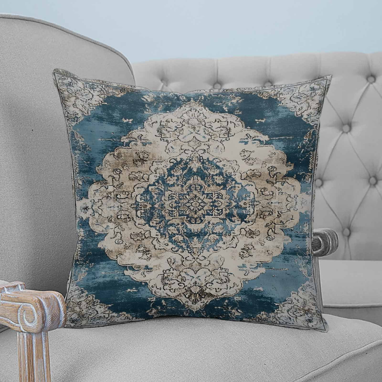 Blue Gray Boho Flower Decorative Pillowcase 24''x24'', Vintage National ...