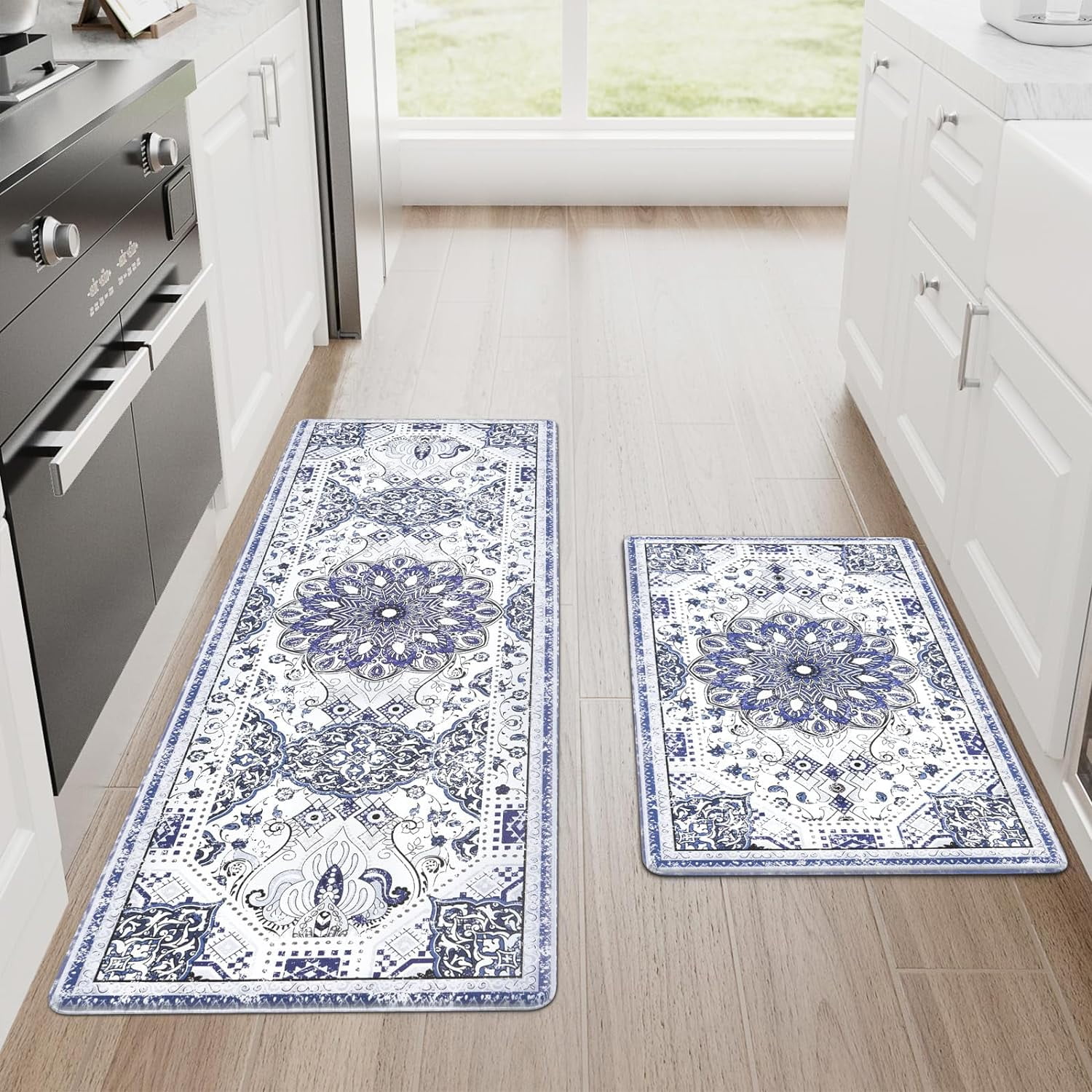 Blue and Gray Boho Kitchen Mats Set of 2 Non Slip, Cushioned Anti ...