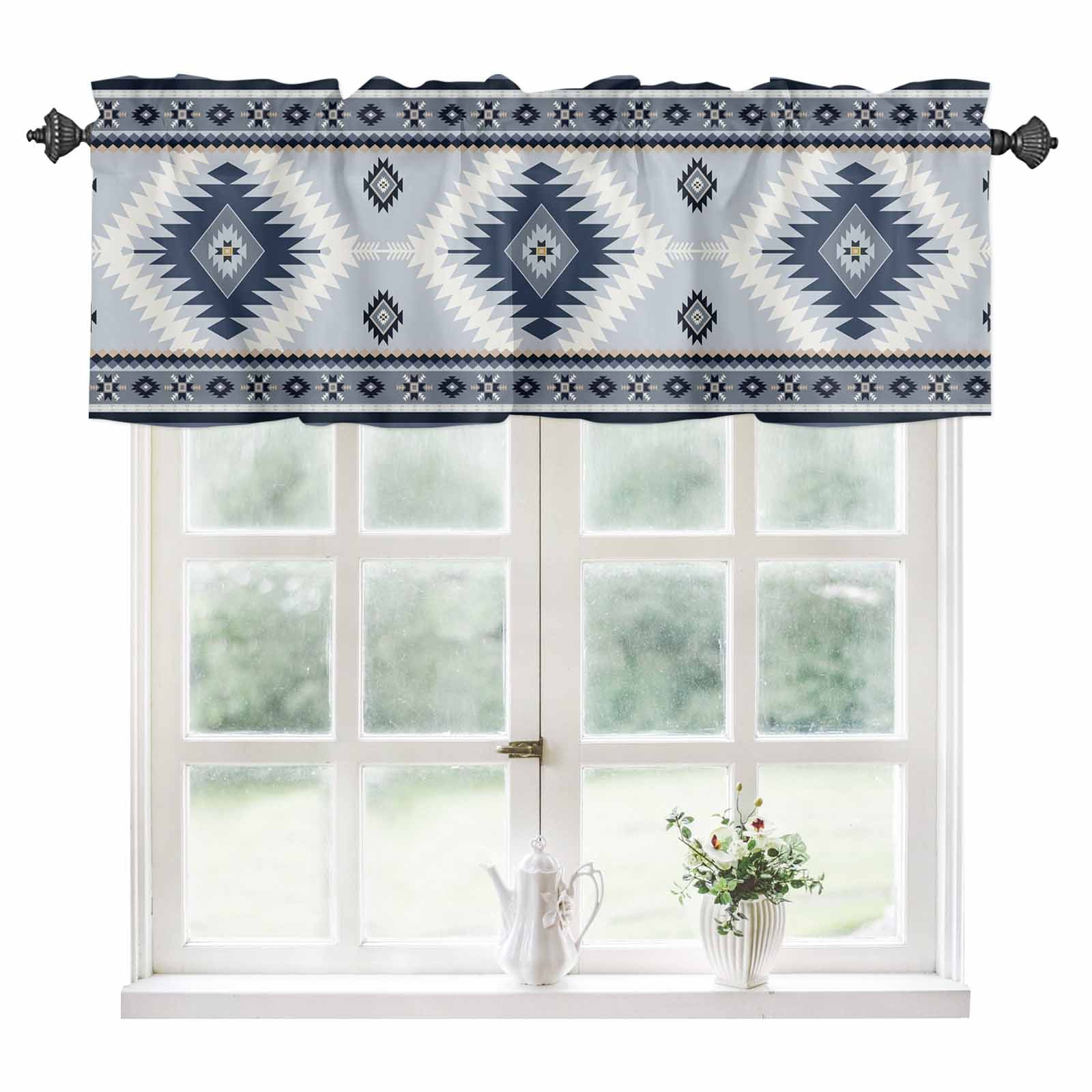 Blue Gray Boho Kitchen Valances for Windows 60x18 Inch Kitchen Curtains ...