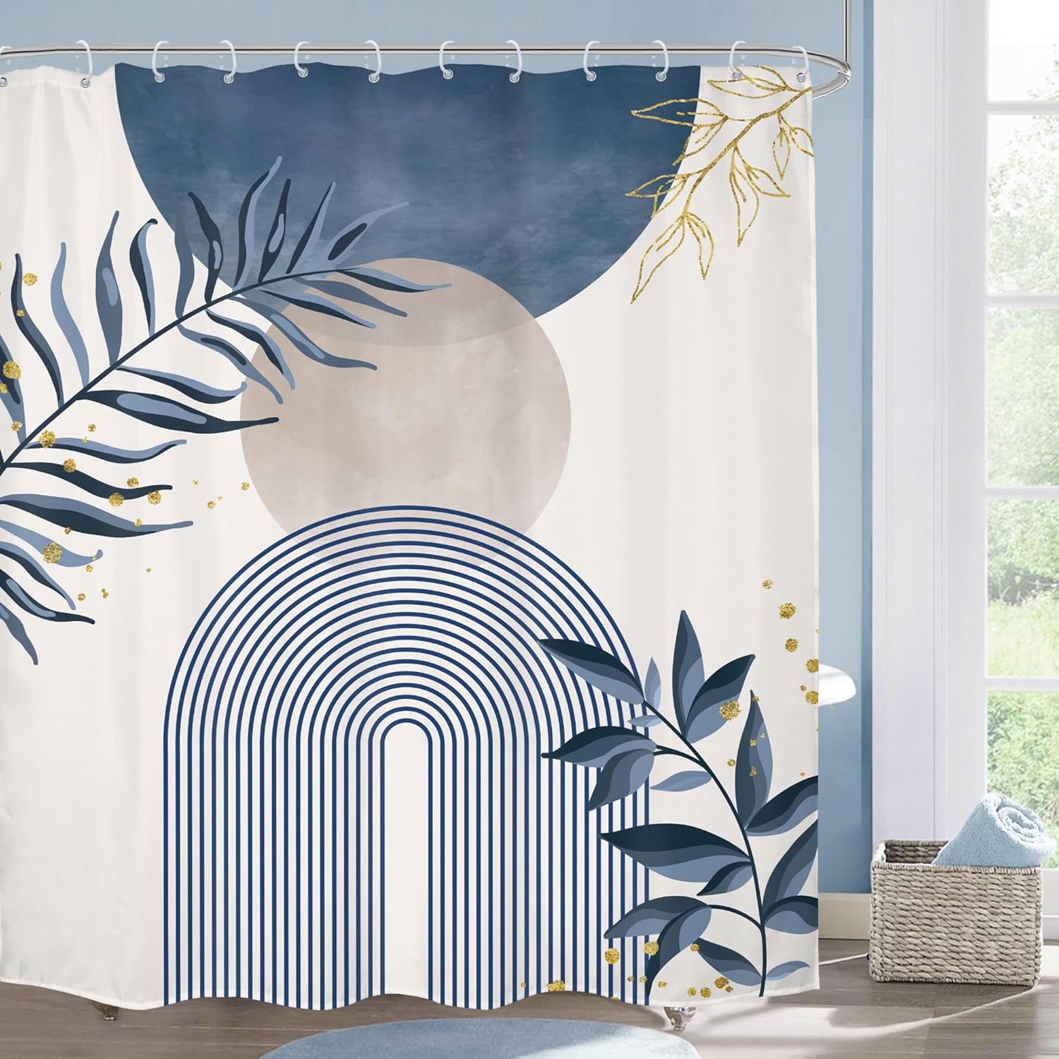 Blue Gray Boho Shower Curtain Dusty Blue Gold Leaves Modern Abstract Mid Century Minimalist ...