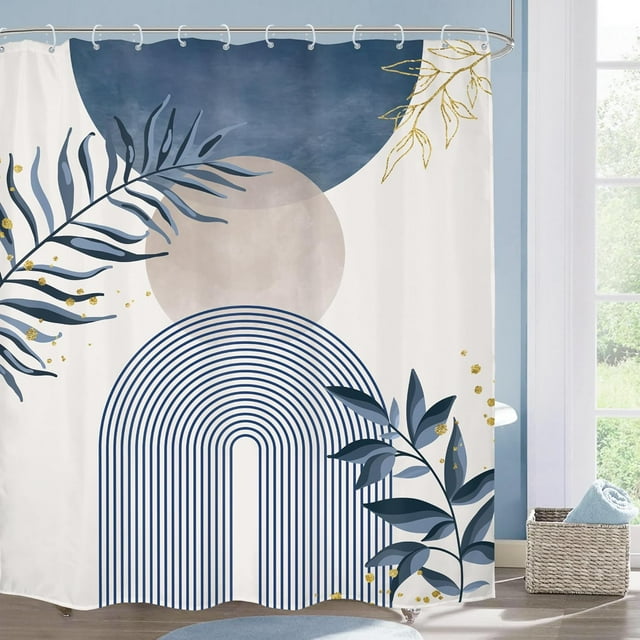 Blue Gray Boho Shower Curtain Dusty Blue Gold Leaves Modern Abstract ...