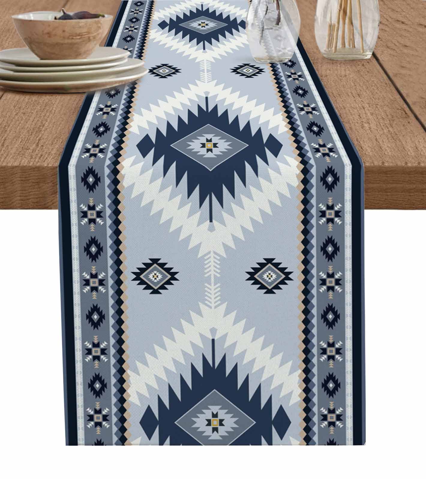 Blue Gray Boho Table Runner 48 Inches, Southwestern Ethnic Abstract ...