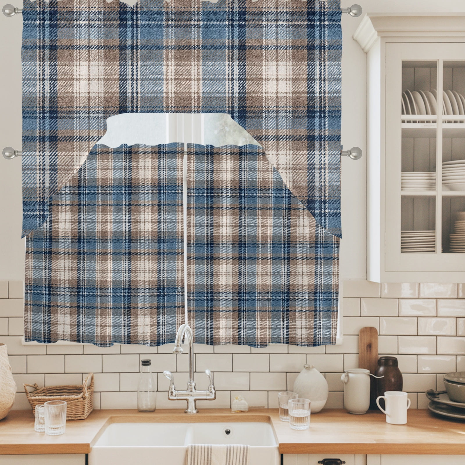 Blue Gray Buffalo Plaid Swag Curtains Valance and Tier Set, Rustic ...