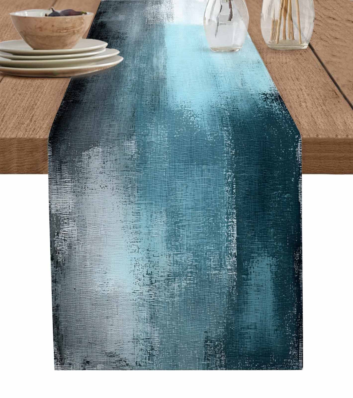 Blue Gray Burlap Cotton Table Runner 18x72 Inches Long, Retro Abstract ...