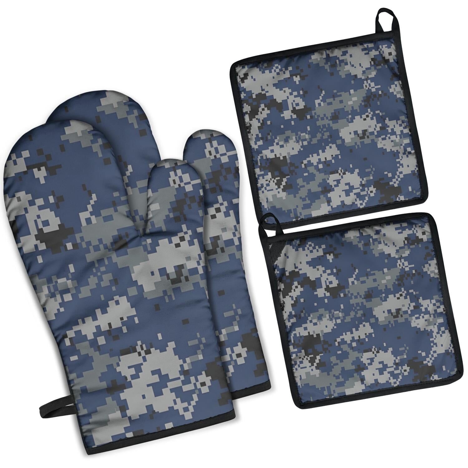 Blue Gray Camo Digital Pattern Kitchen Oven Mitt and Pot Holder Sets 4 ...