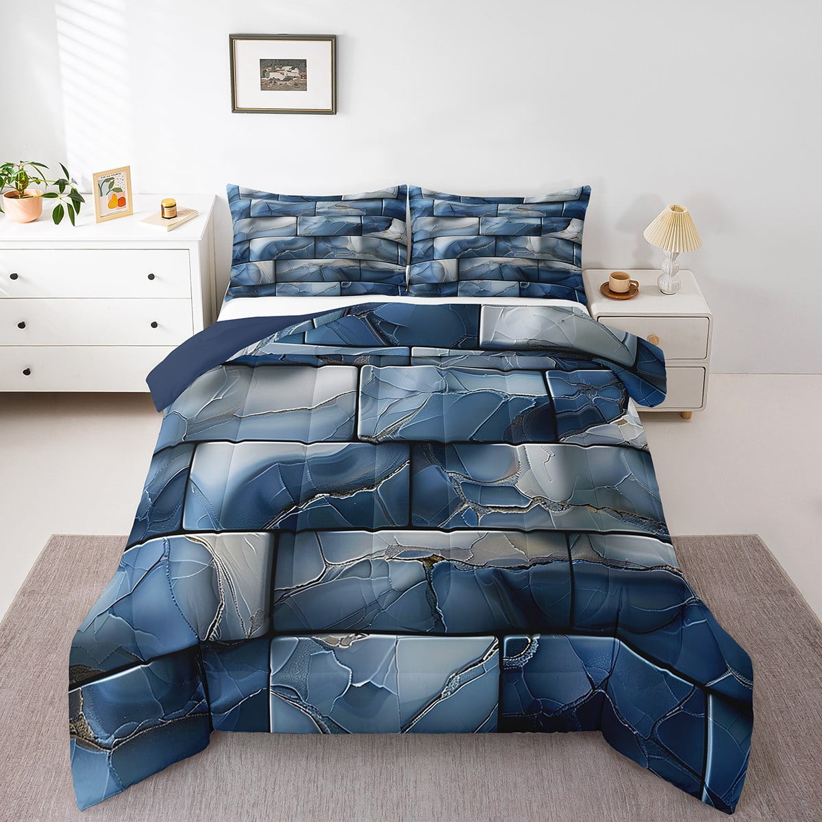 Blue Gray Checkered Comforter Set Full Size 3D Geometry Grids Bedding ...
